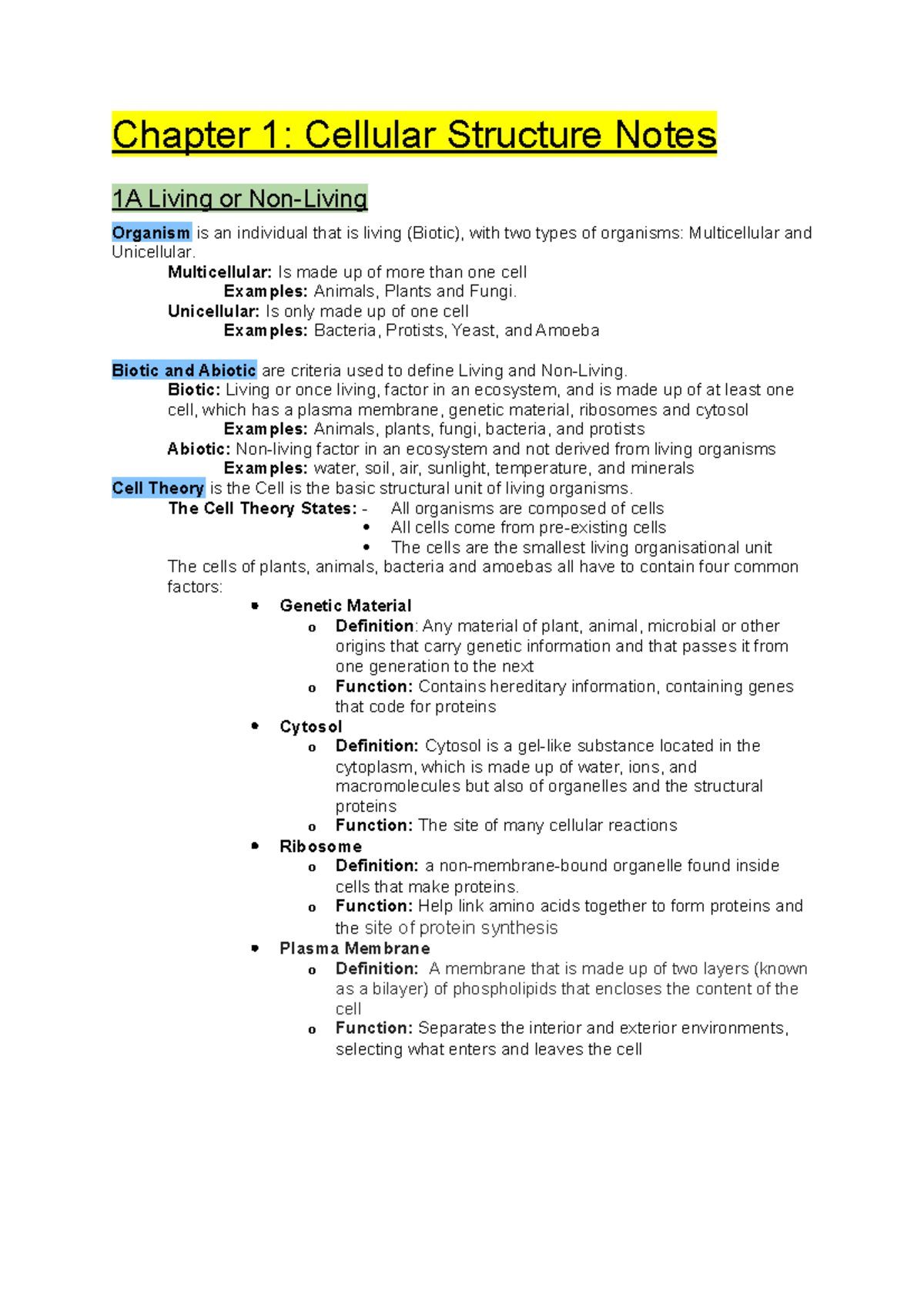 Chapter 1 - Cellular Structure Notes - Multicellular: Is made up of ...