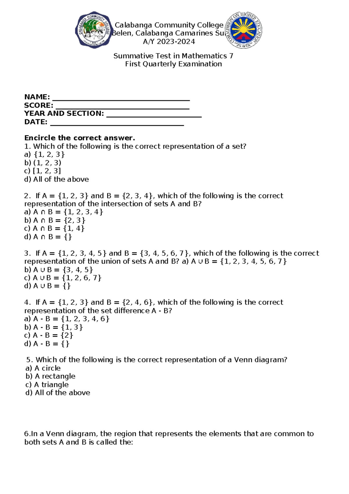 Grade 7 First Quarter TEST Questiion - Calabanga Community College ...