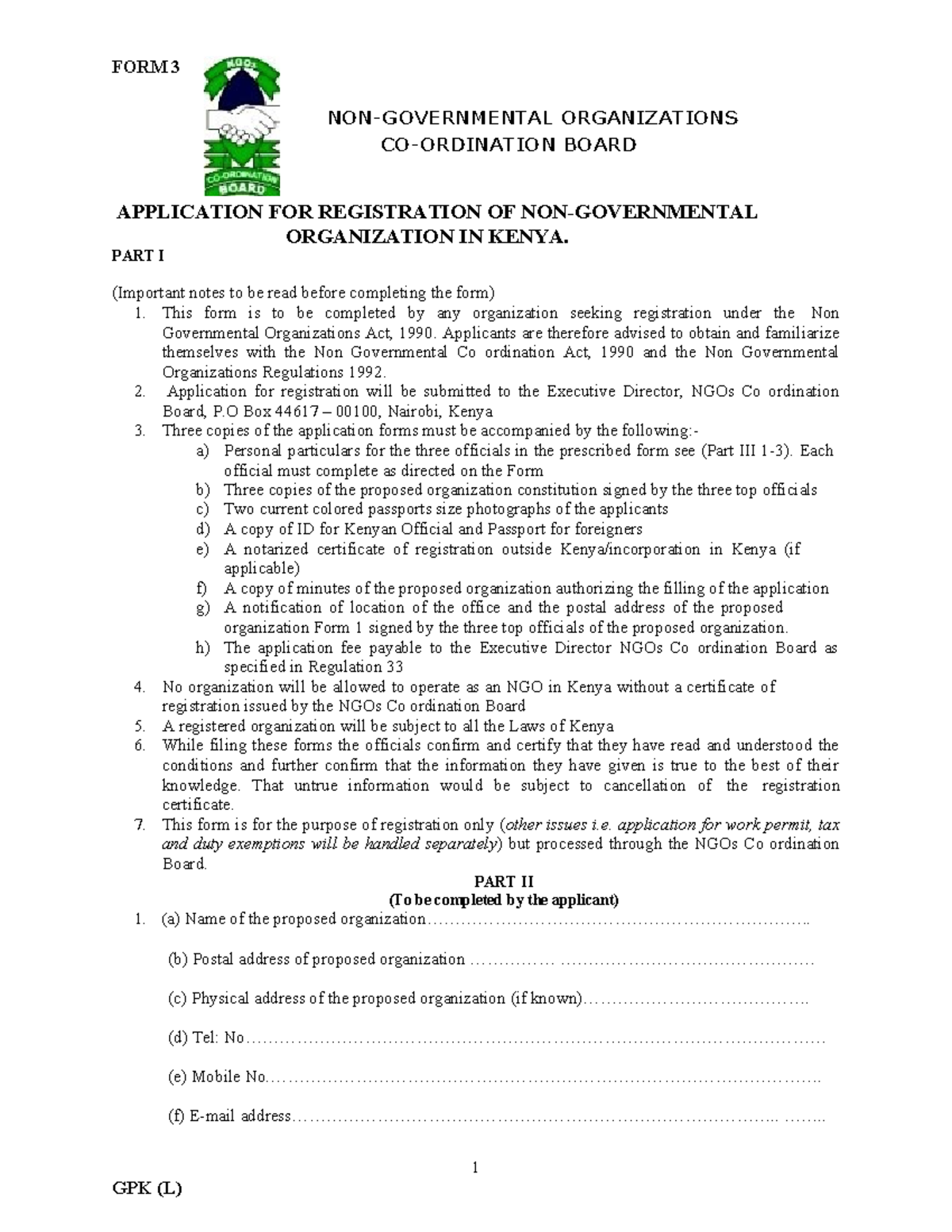 Form3 - 1 GPK (L) FORM 3 NON-GOVERNMENTAL ORGANIZATIONS CO-ORDINATION ...