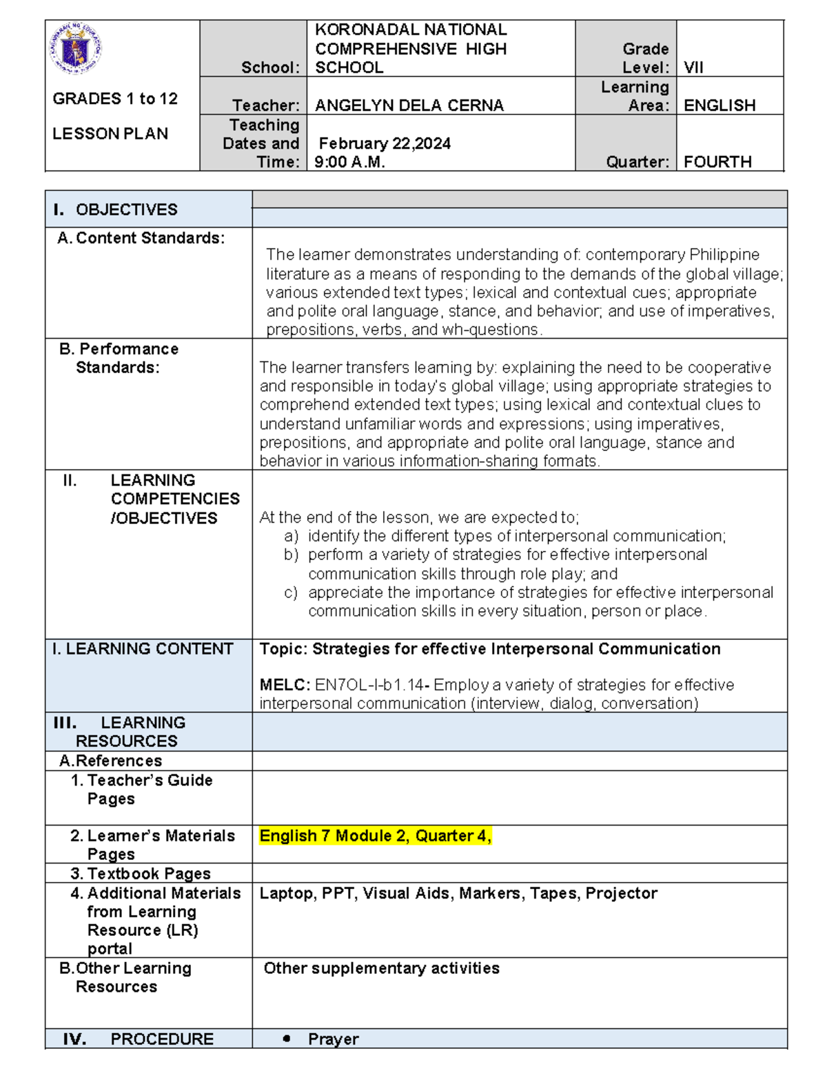 Lesson-PLAN- Strategies-FOR- Effective- Interpersonal- Communication ...