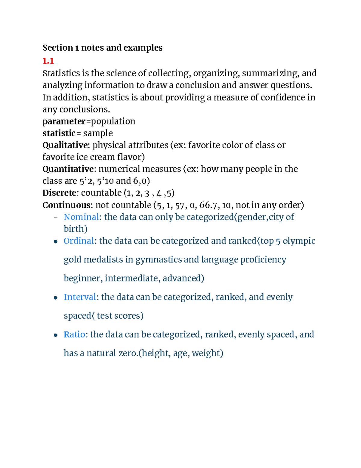 Stats exam notes - Section 1 notes and examples Statistics is the ...