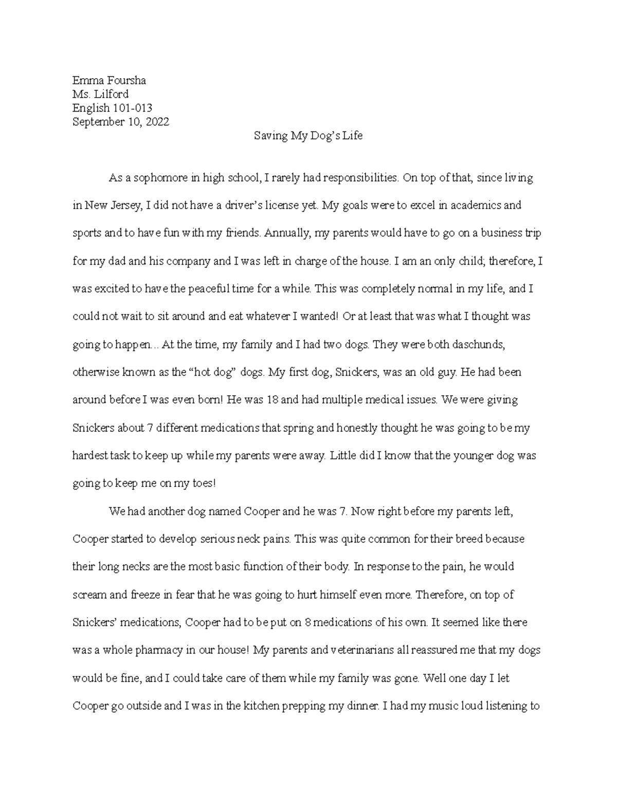 Memoir Draft 2 - Emma Grace - Emma Foursha Ms. Lilford English 101- September 10, 2022 Saving My ...