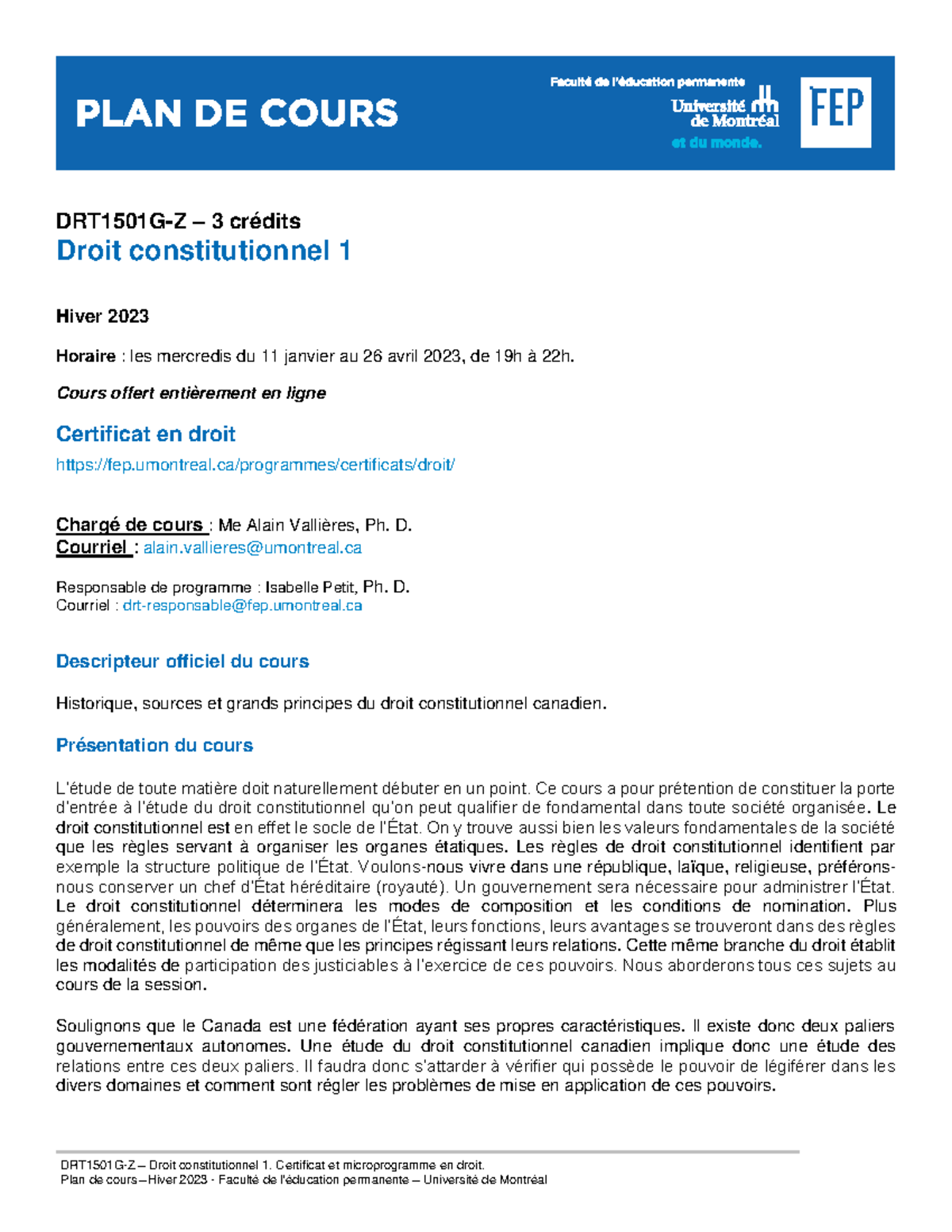 Plan de cours - DRT1501G-Z – Droit constitutionnel 1. Certificat et microprogramme en droit ...