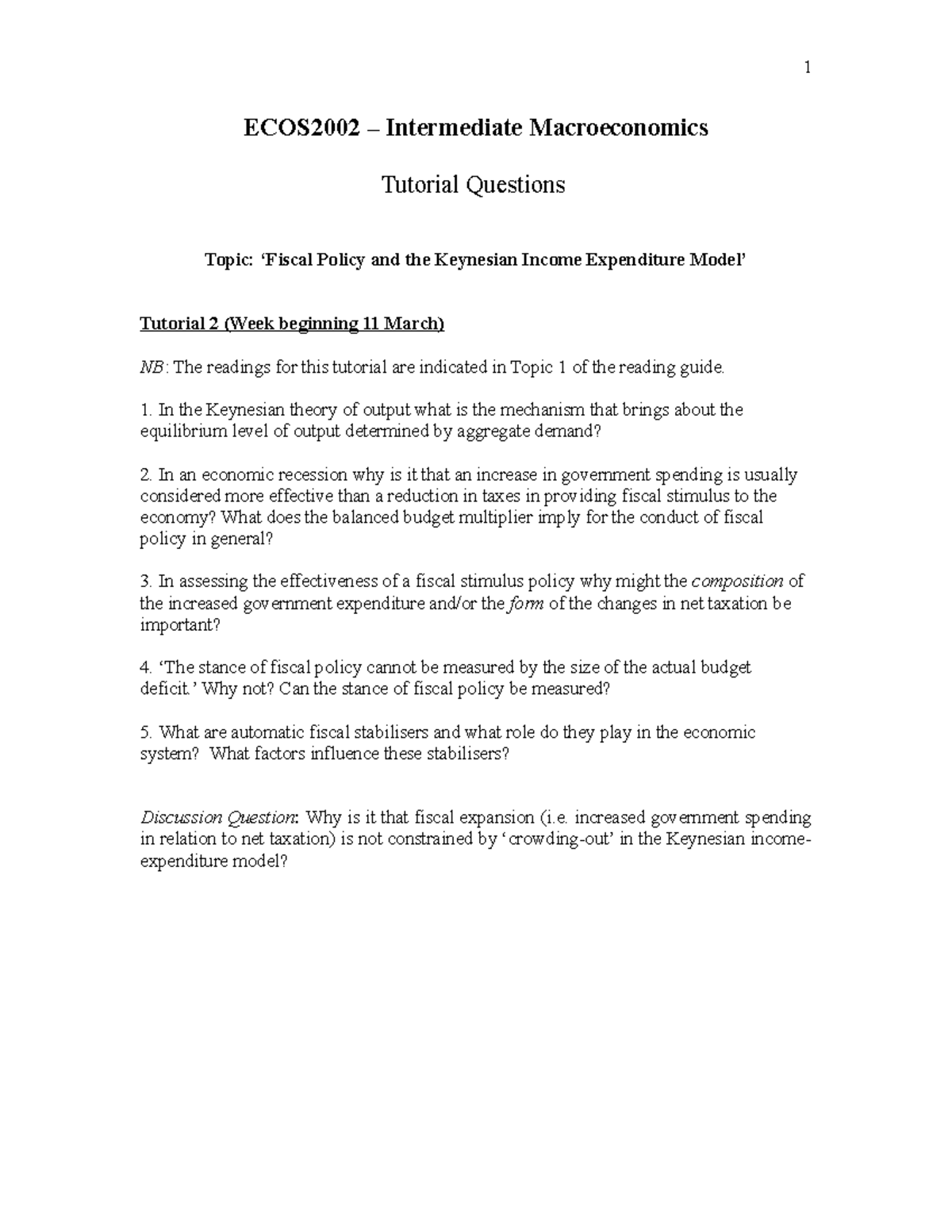 Tutorial 2 Questions ECOS2002 1 2019-1 - 1 ECOS2002 – Intermediate Macroeconomics Tutorial ...