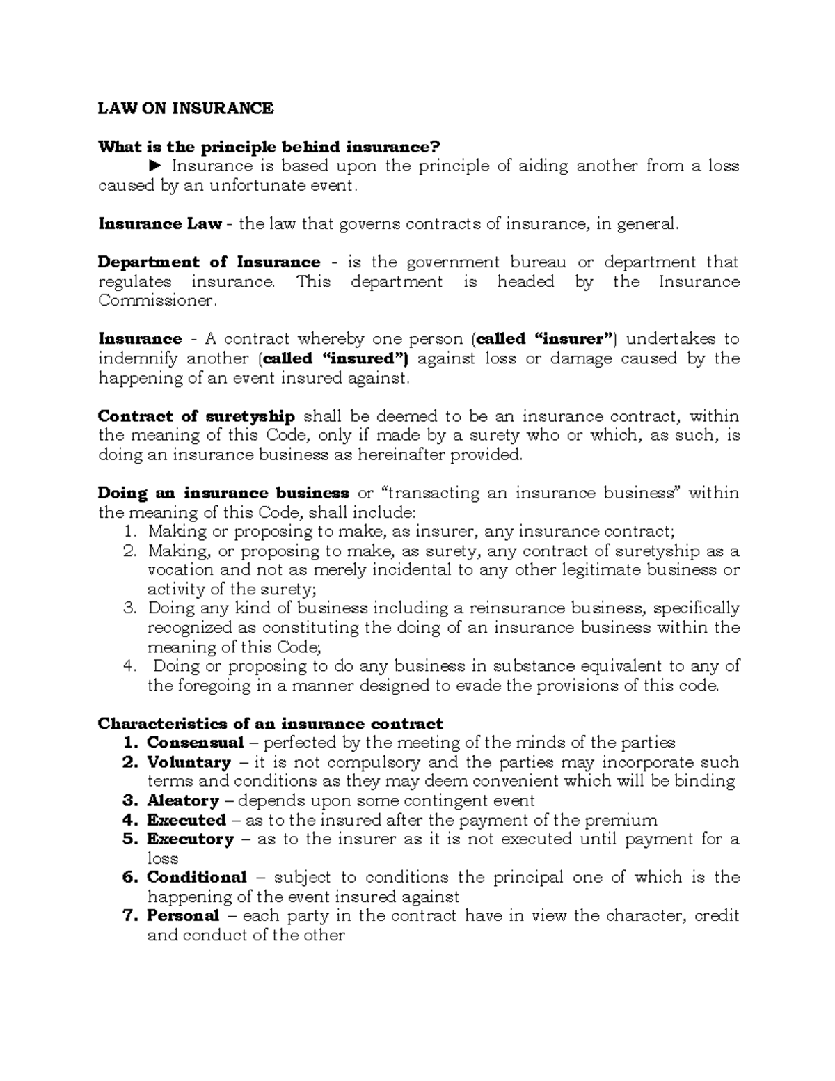Chapter 3 Business Law Insurance - LAW ON INSURANCE What is the ...