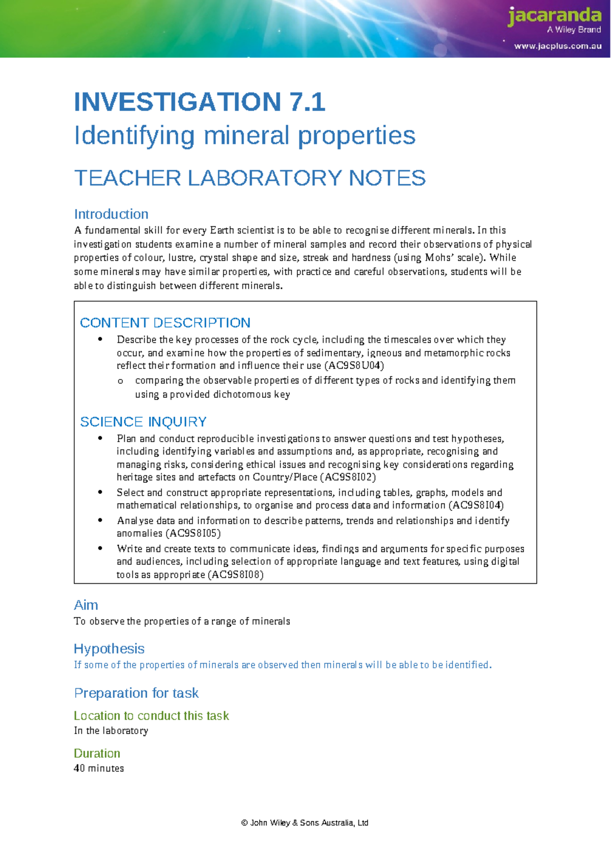 Investigation 7.1 lab guide - INVESTIGATION 7. Identifying mineral ...