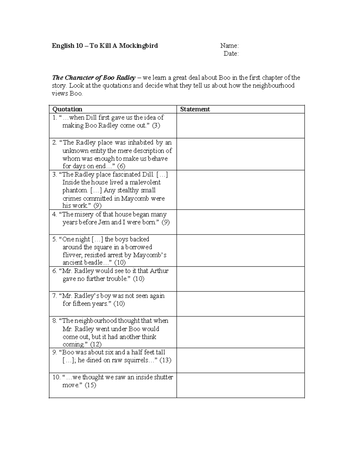 Chapter 1 activity - English 10 – To Kill A Mockingbird Name: Date: The ...