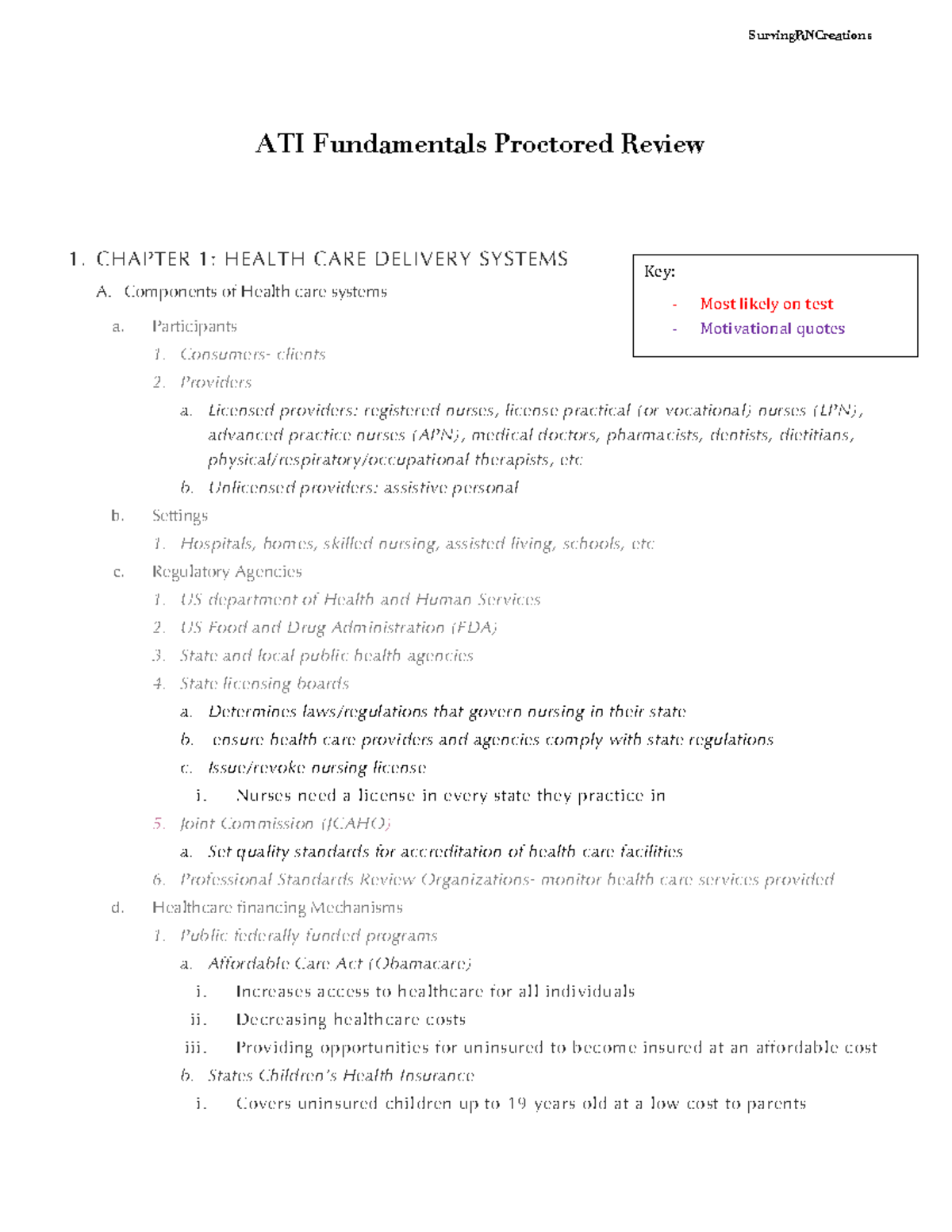 Atifundamentals - ATI - ATI FUNDAMENTALS EXAM 1. CHAPTER 1: HEALTH CARE ...