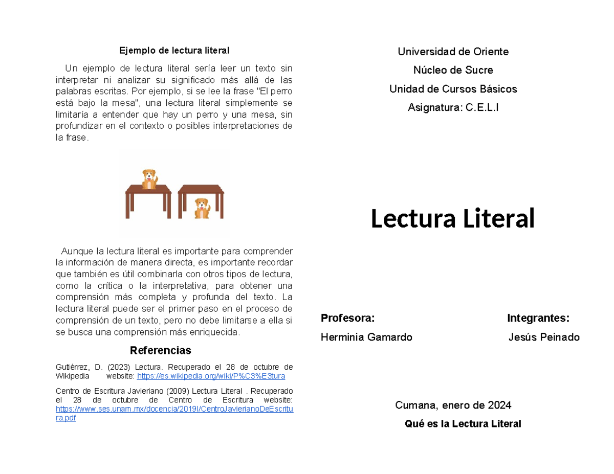 Díptico - diptico - Ejemplo de lectura literal Un ejemplo de lectura ...