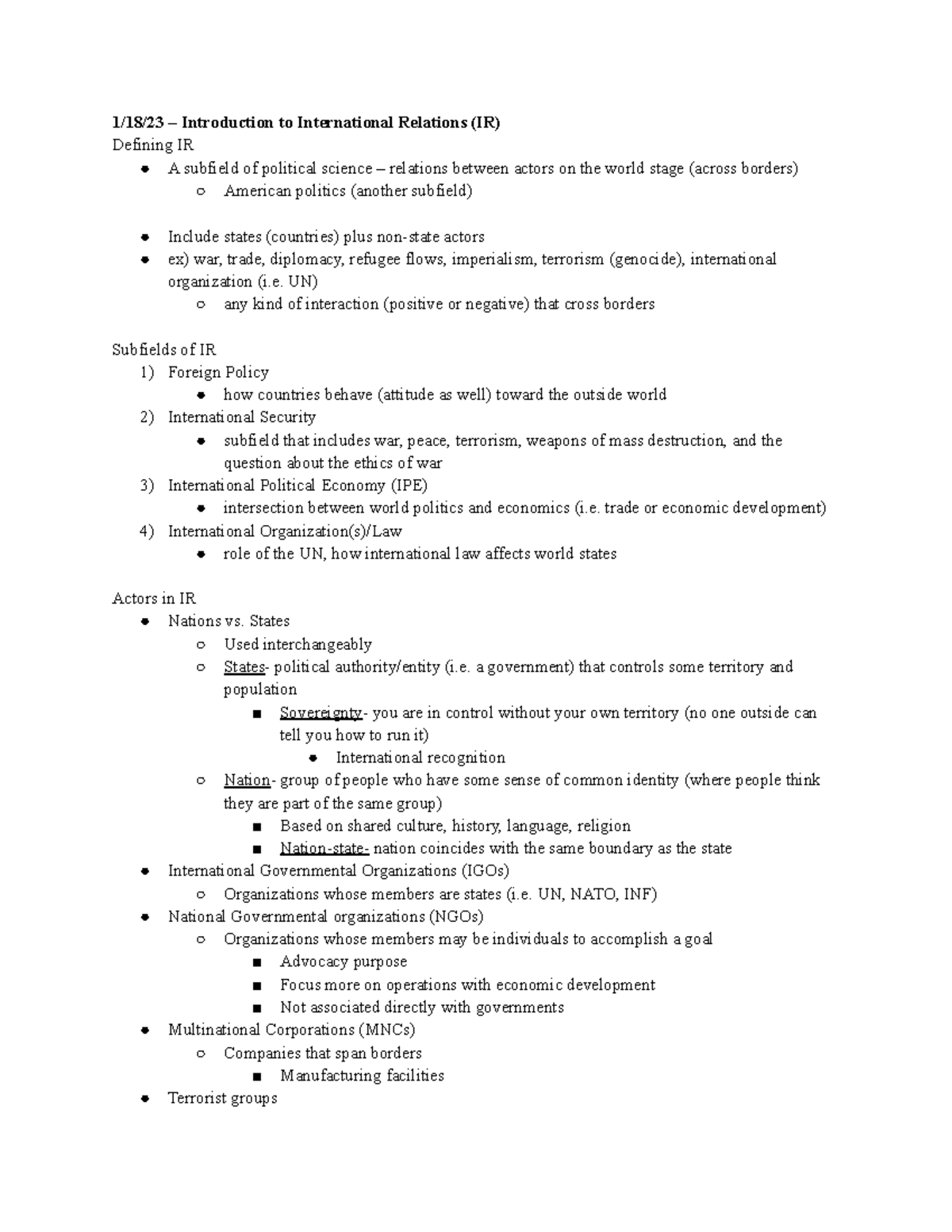 POSC 230 Exam 1 Lecture Notes - 1/18/23 – Introduction to International ...