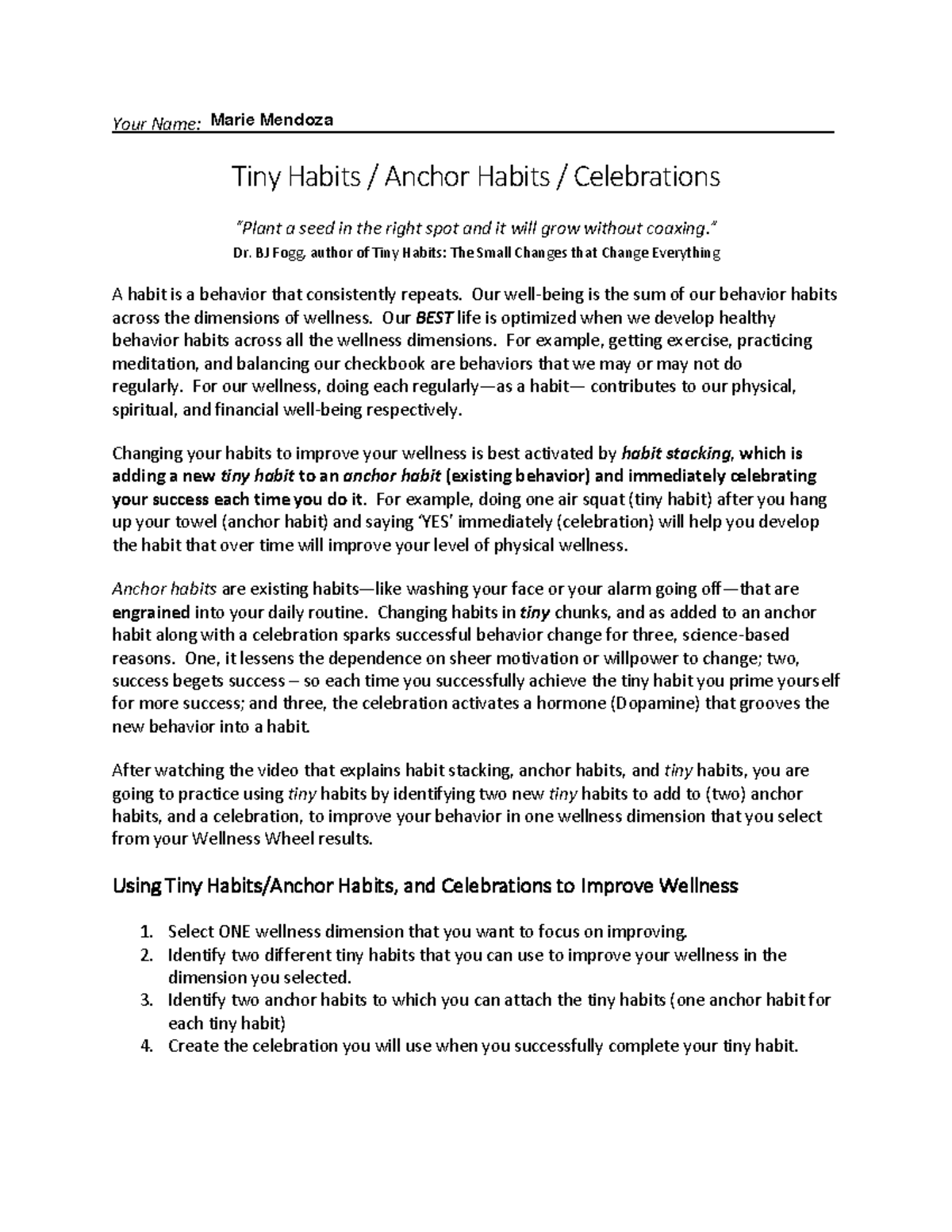 Using Tiny Habits and Celebrations to Improve Wellness - Studocu