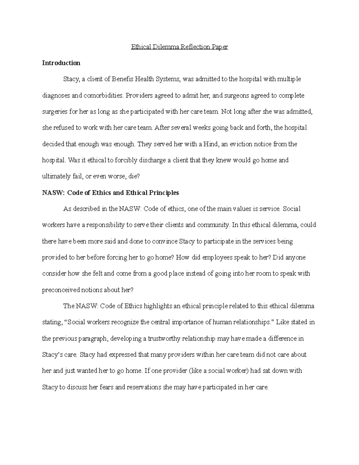 Ethical Dilemma Reflection Paper - Ethical Dilemma Reflection Paper ...