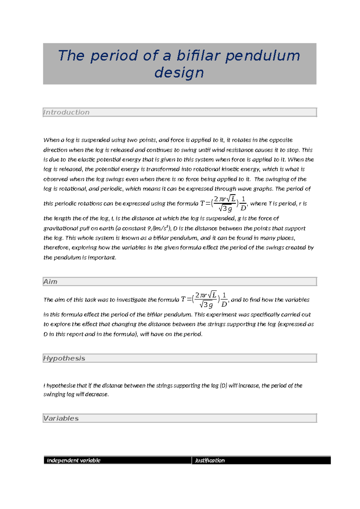Physics Design 1 - The period of a bifilar pendulum design Introduction ...