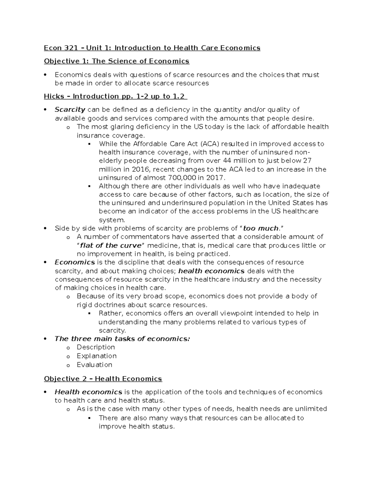 Unit 1 - Study Notes - Econ 321 – Unit 1: Introduction to Health Care ...