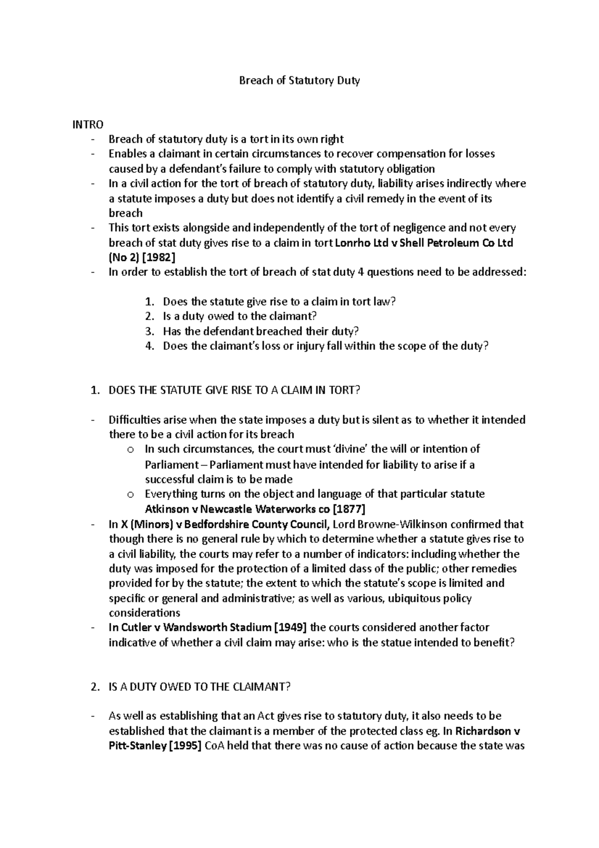 Tort Law - Breach of Statutory Duty - Breach of Statutory Duty INTRO ...