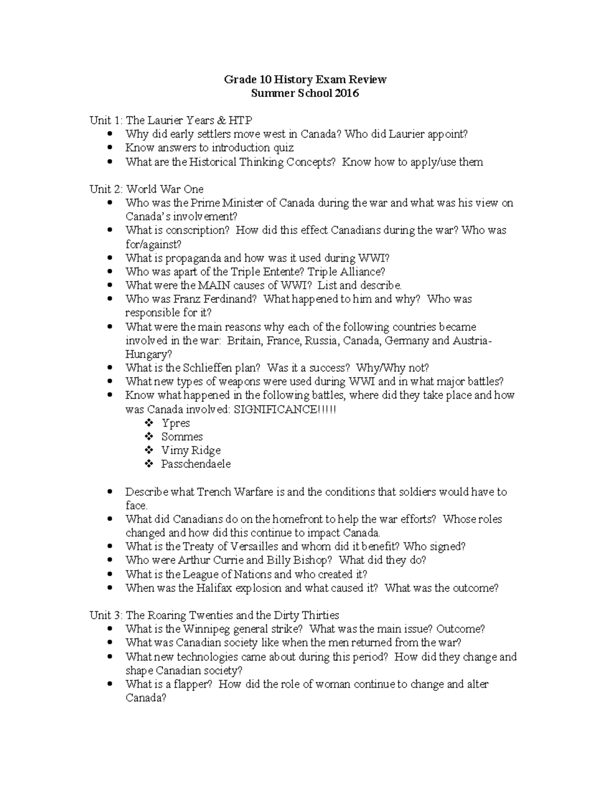 Grade 10 history exam review - Grade 10 History Exam Review Summer ...