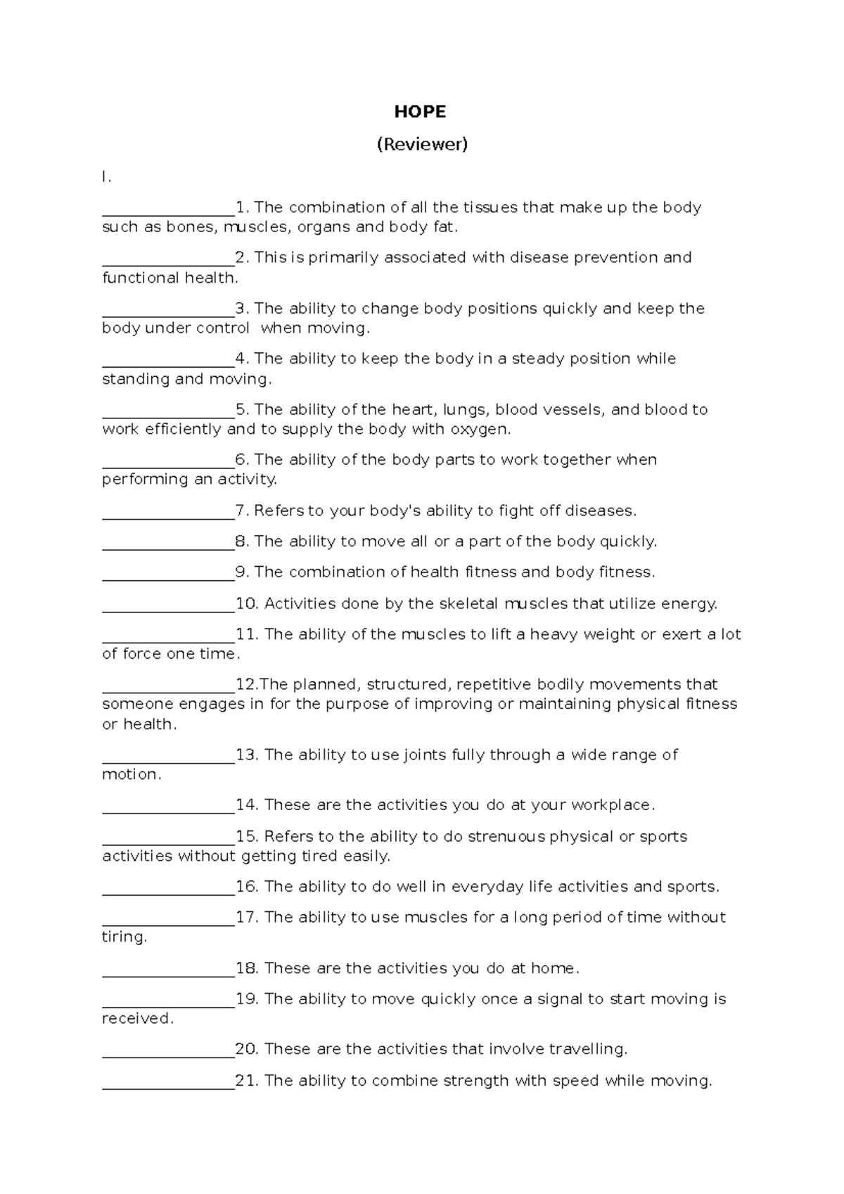 HOPE - HOPE 1 GRADE 11 QUESTIONS WITH ANSWER SHEET - HOPE (Reviewer) I ...