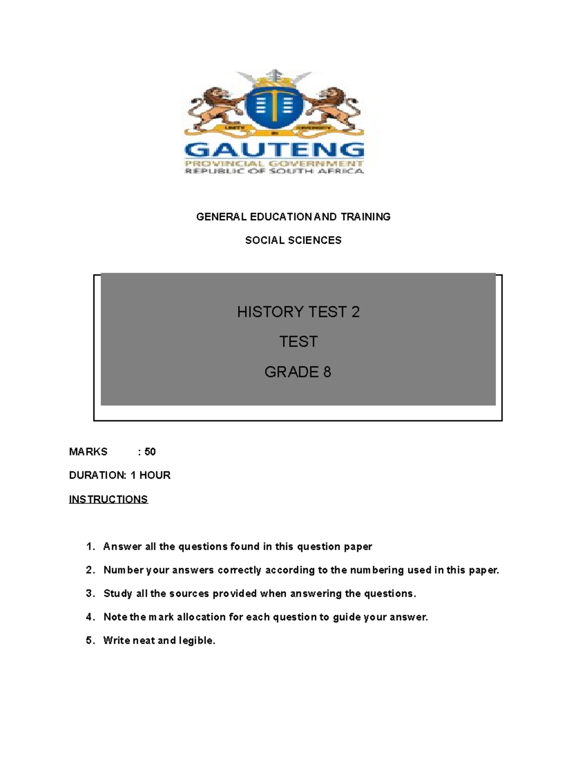 History SBA grade 8 Exemplar 3 - GENERAL EDUCATION AND TRAINING SOCIAL ...