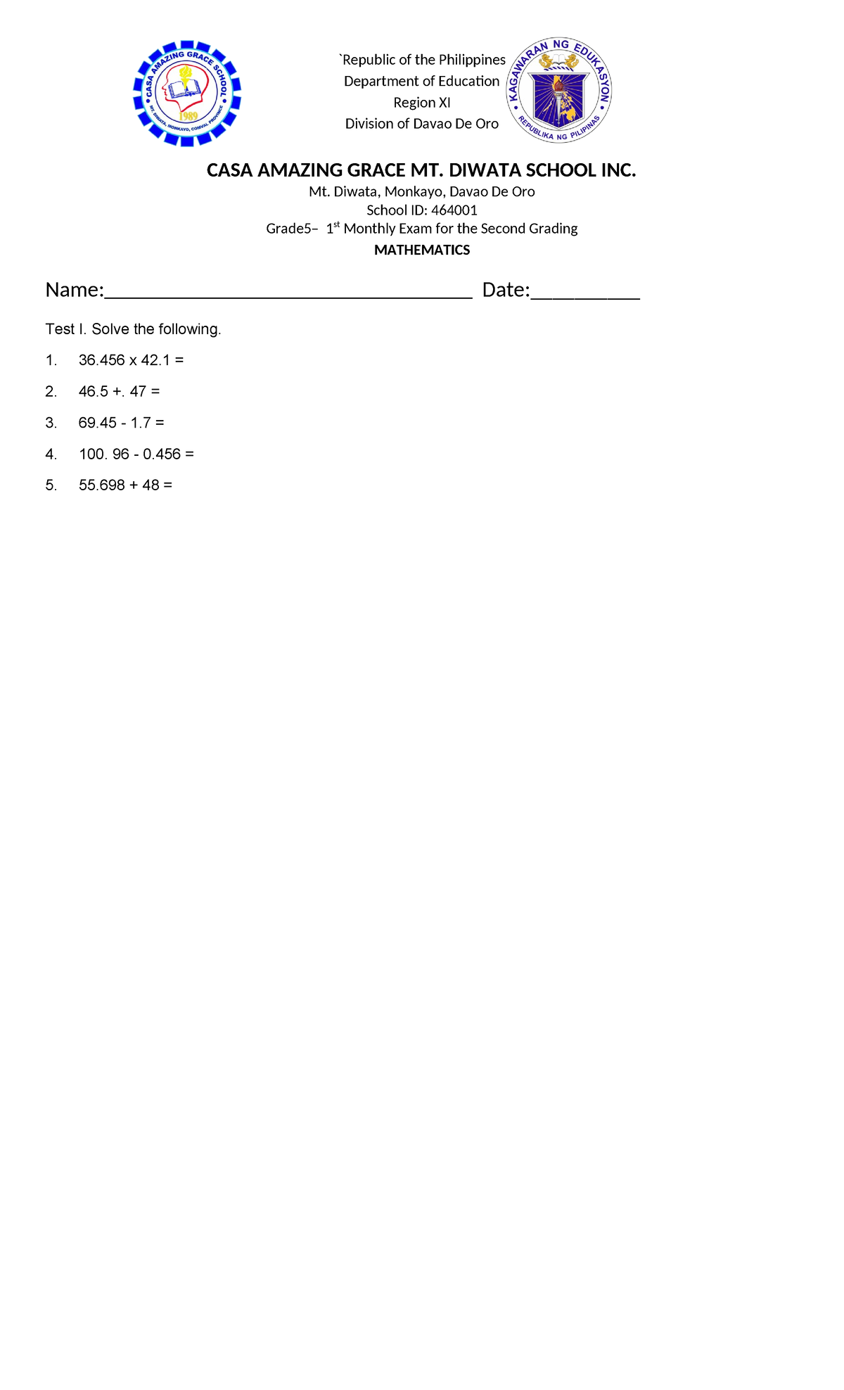 Math exam grade 5 - Exam - Business Math - `Republic of the Philippines ...
