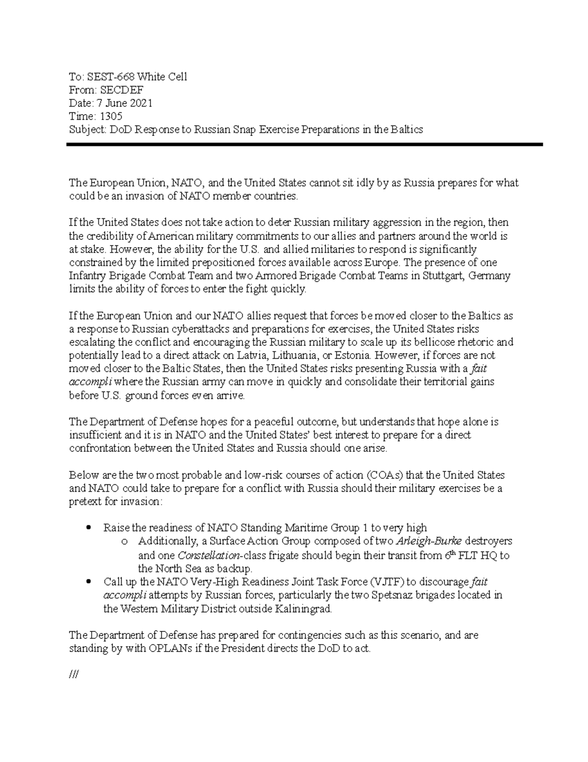 SEST-668 TTX 1 Military Conflict Scenario Memo - To: SEST-668 White ...