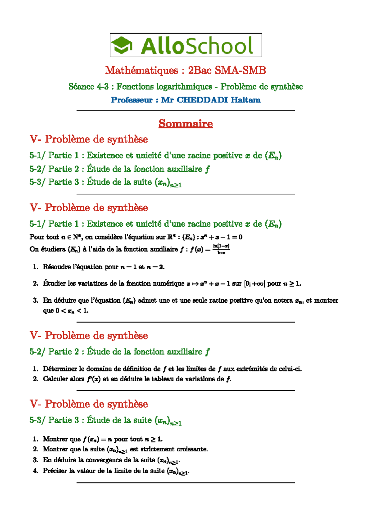 Seance 4 3 fonctions logarithmiques probleme de synthese 4 ...