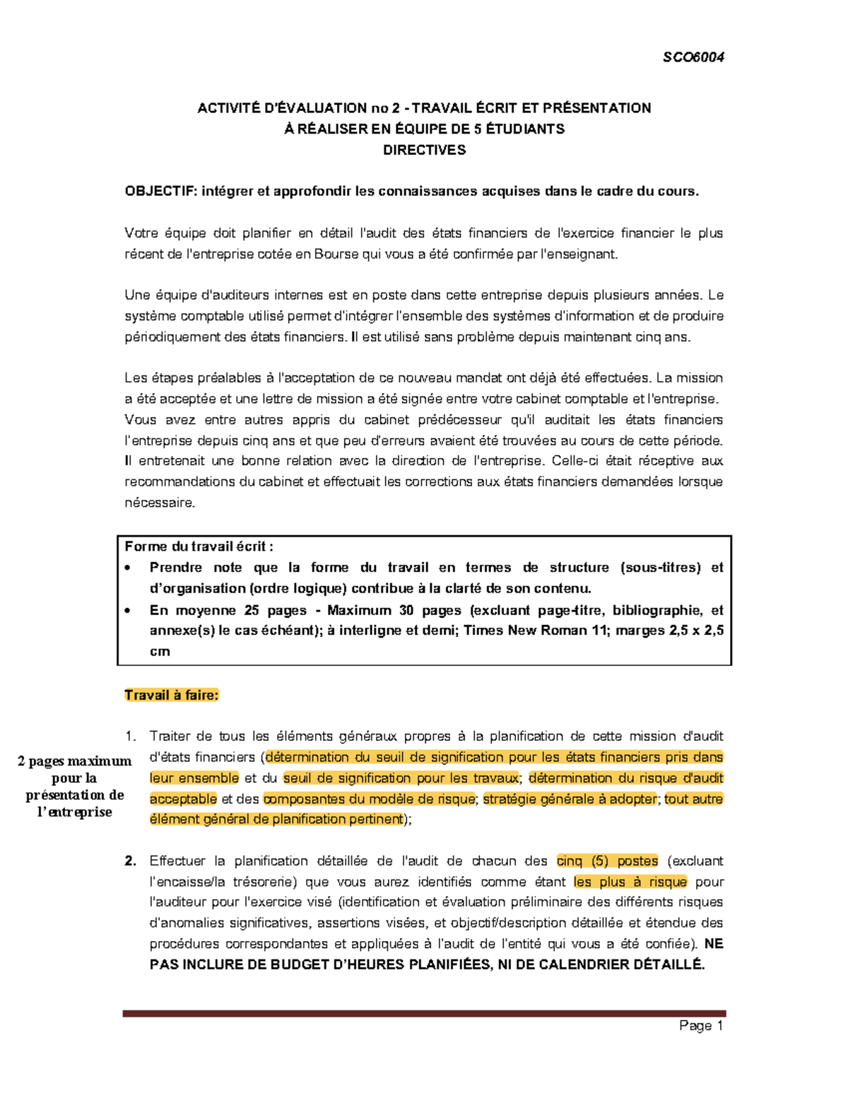 SCO6004 A20 S1 Directives travail équipe - SCO Page 1 ACTIVITÉ D ...