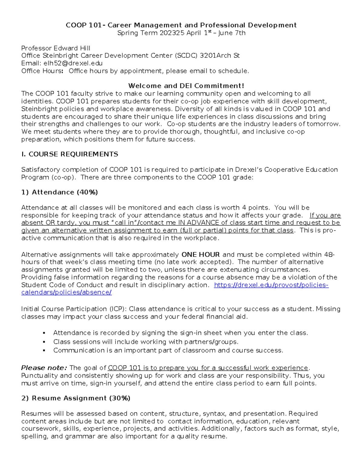 EHill COOP 101 syllabus Spring 2024 - COOP 101- Career Management and ...