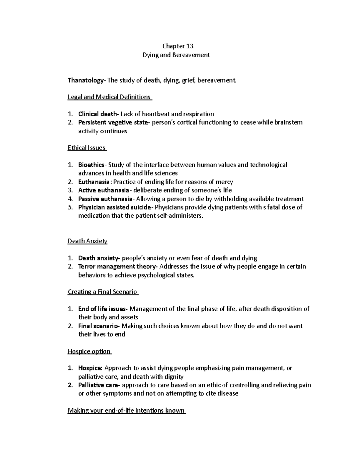 Chapter 13 notes - Chapter 13 Dying and Bereavement Thanatology- The ...