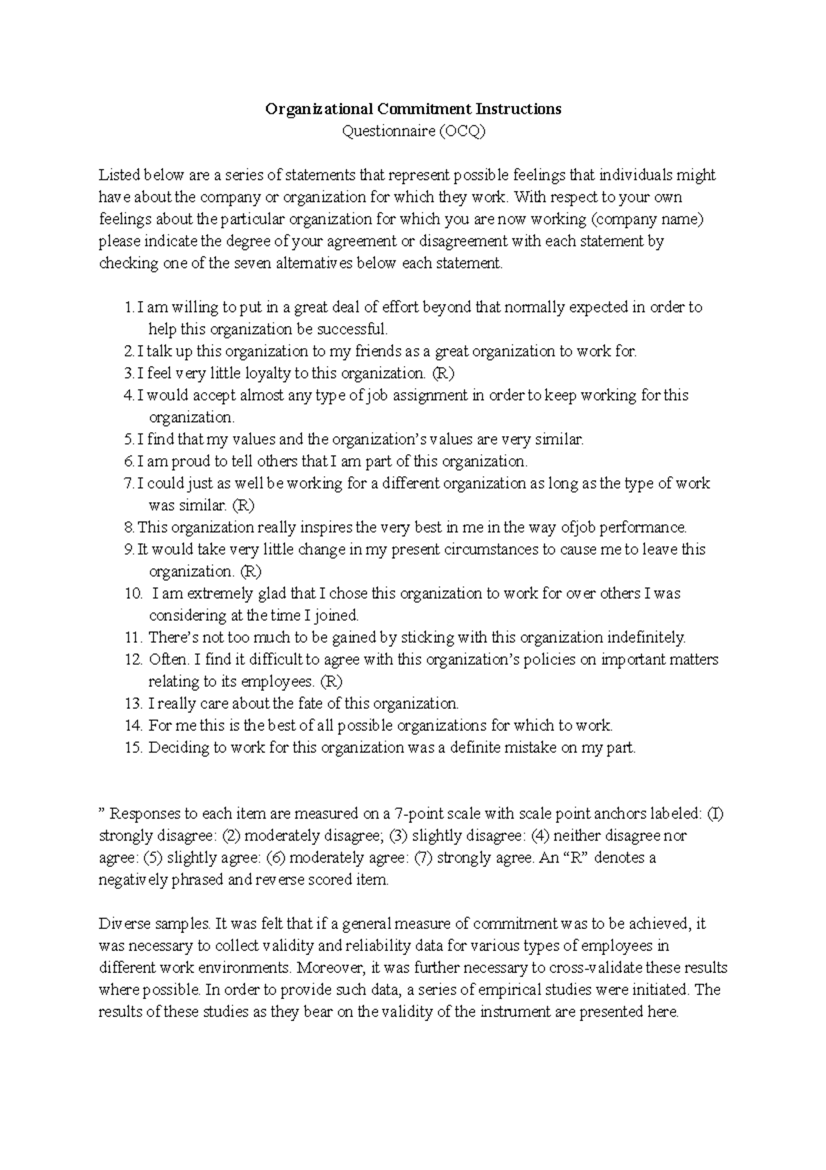 Porter Organizational commitment questionnaire - Organizational Commitment Instructions ...