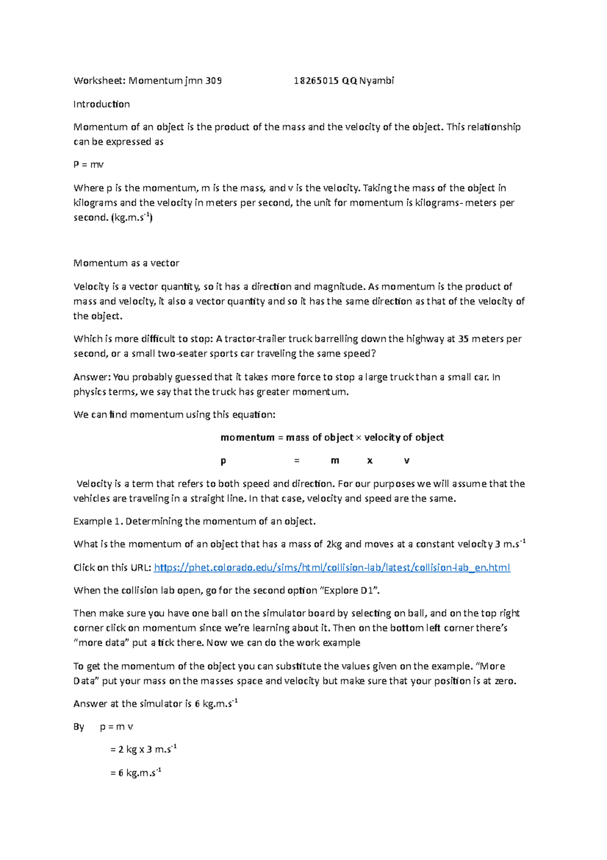 Worksheet - YES - Worksheet: Momentum jmn 309 18265015 QQ Nyambi ...