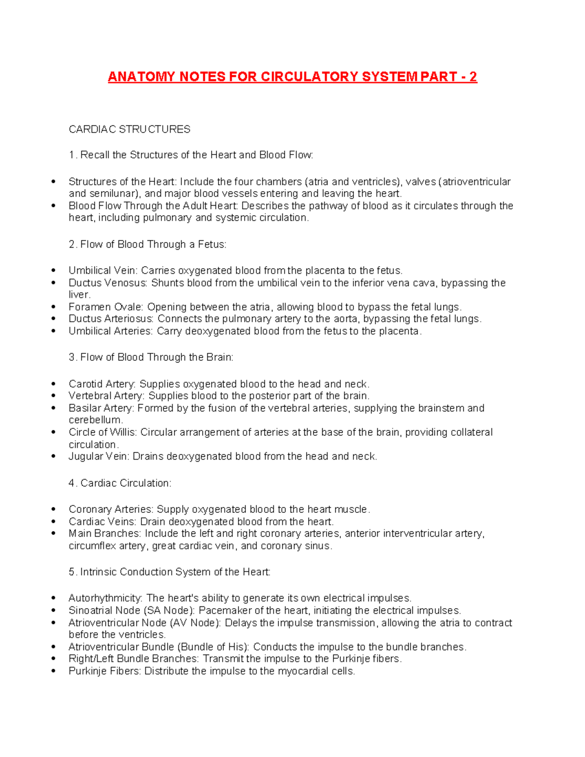 Notes FOR Circulatory System - 2 - ANATOMY NOTES FOR CIRCULATORY SYSTEM ...