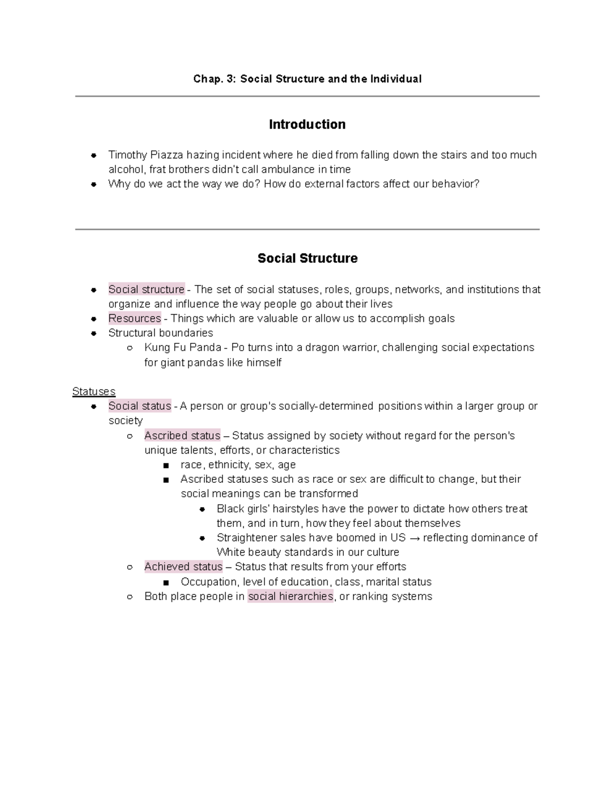 Chapter 3 Notes - Social Structure and the Individual - Chap. 3: Social ...