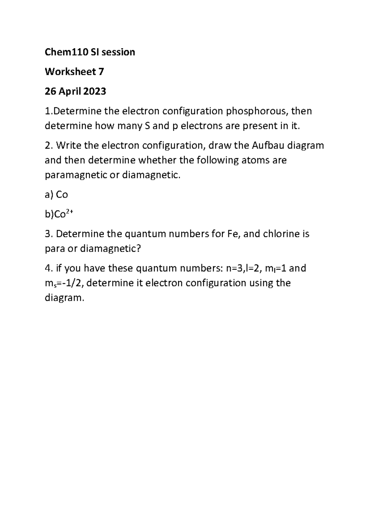 Si worksheet 7 - Chem110 SI session Worksheet 7 26 April 2023 1 the ...