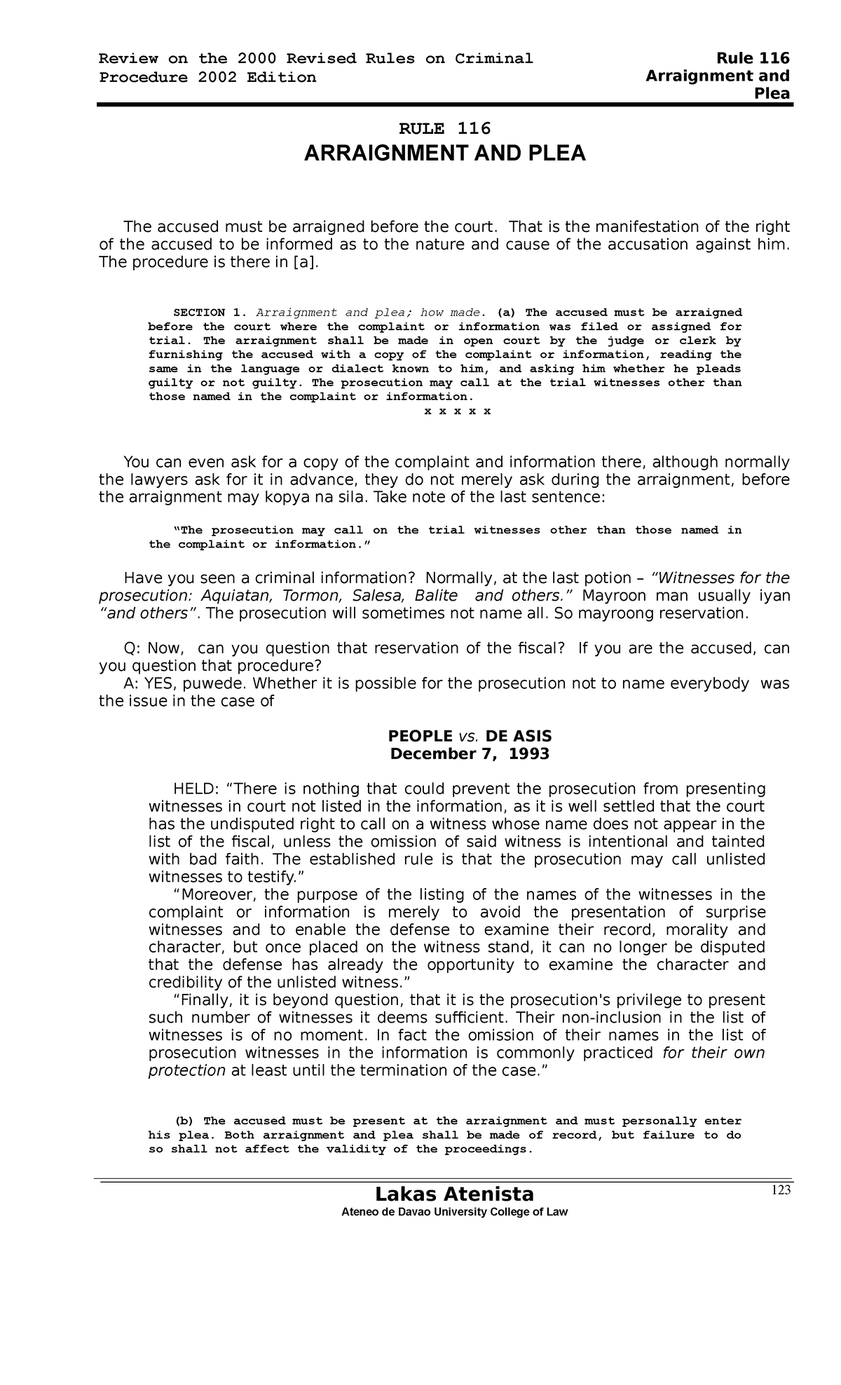 Rule 116-Arraignment - REVIEWER - Procedure 2002 Edition Arraignment ...