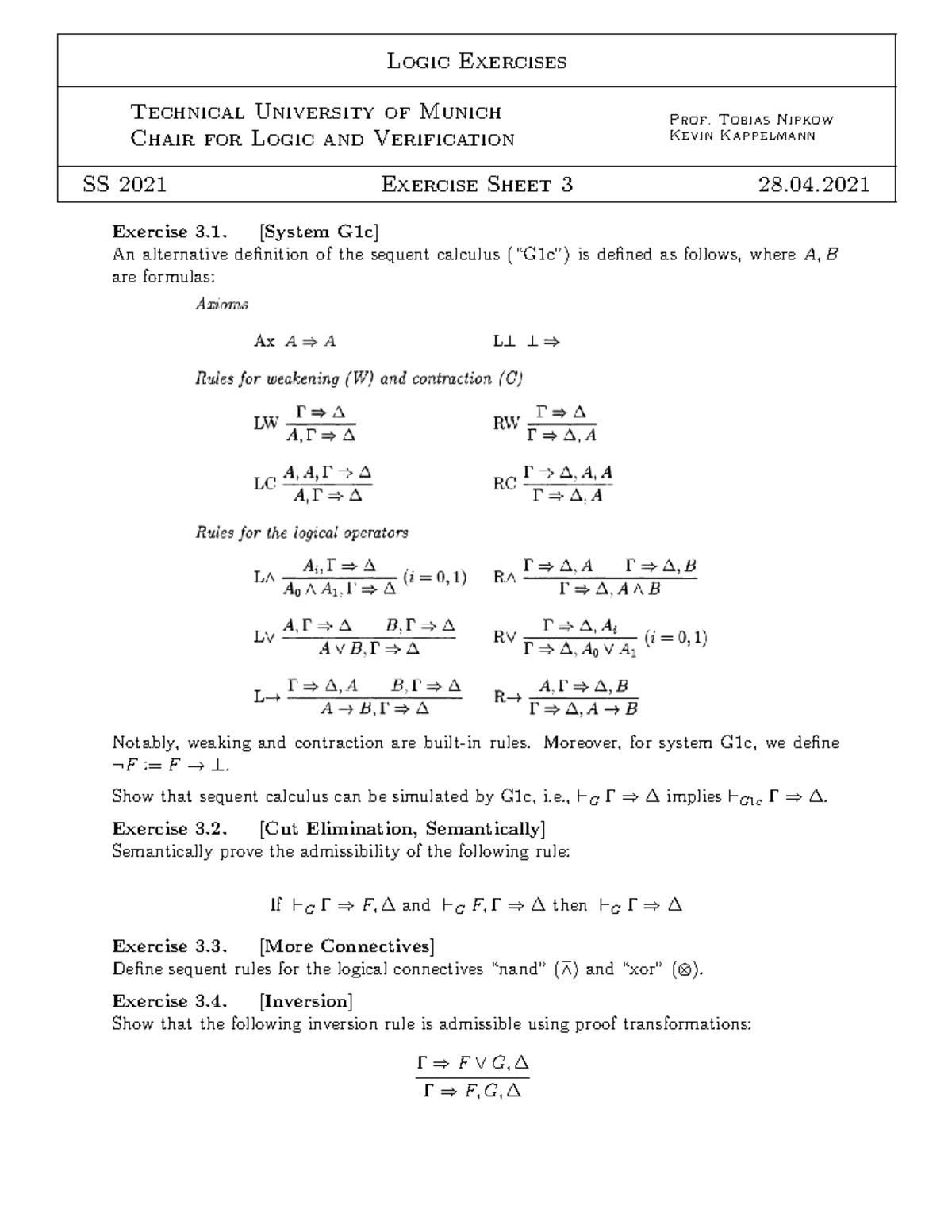 Ex03 - Sequent Calculus. - Technical University of Munich Chair for ...