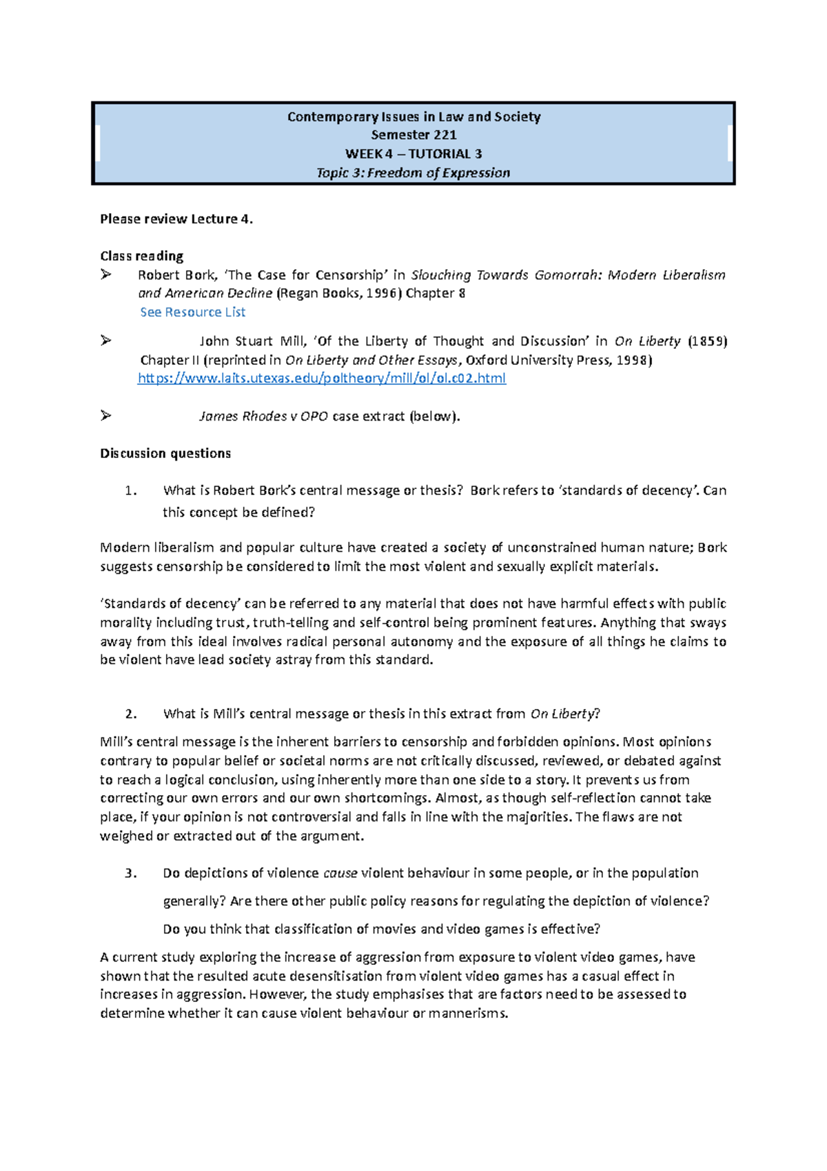 Tutorial 3(Wk4) Freedom of Expression - Contemporary Issues in Law and ...