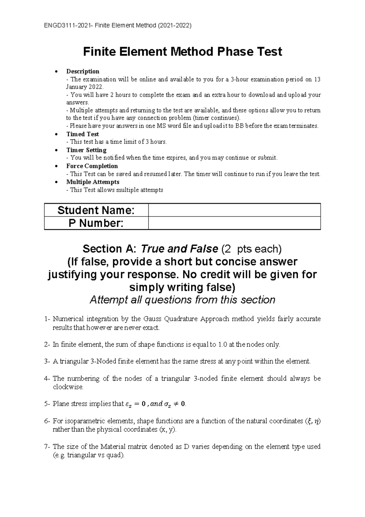 FEM Exam.pdf - the FEM exam 2022-2023 - Finite Element Method Phase ...