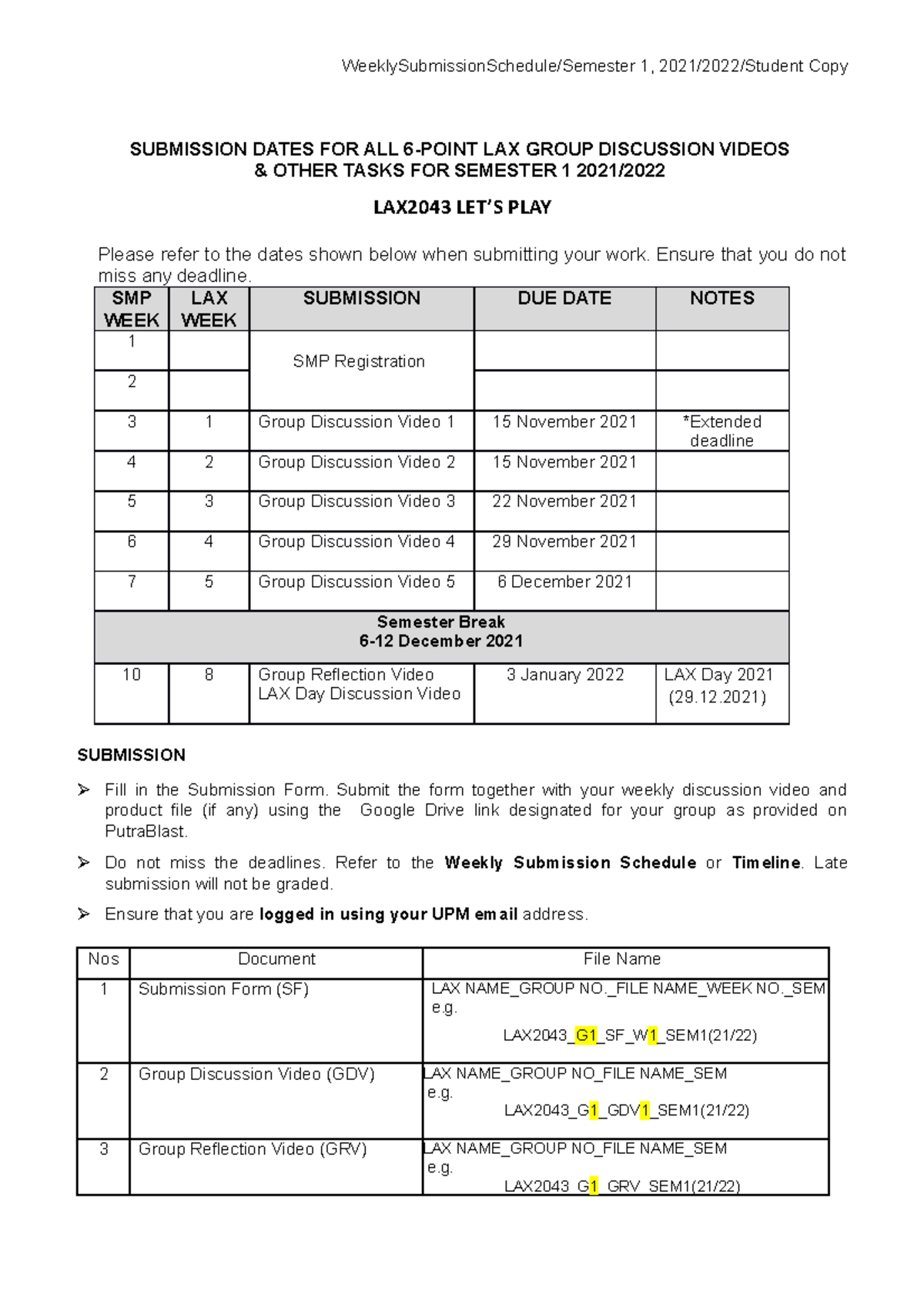 LAX2043 Weekly Submission Schedule std copy SEM1 2021 22 (1 ...