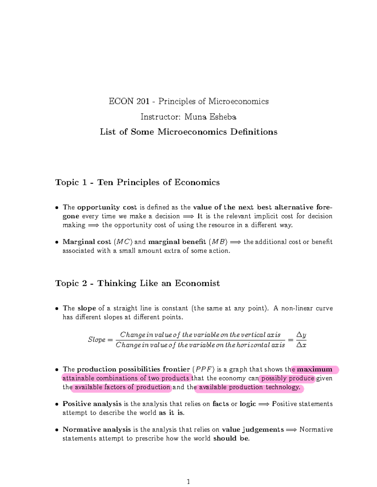 Review Econ final - ECON 201 - Principles of Microeconomics Instructor: Muna Esheba List of Some ...