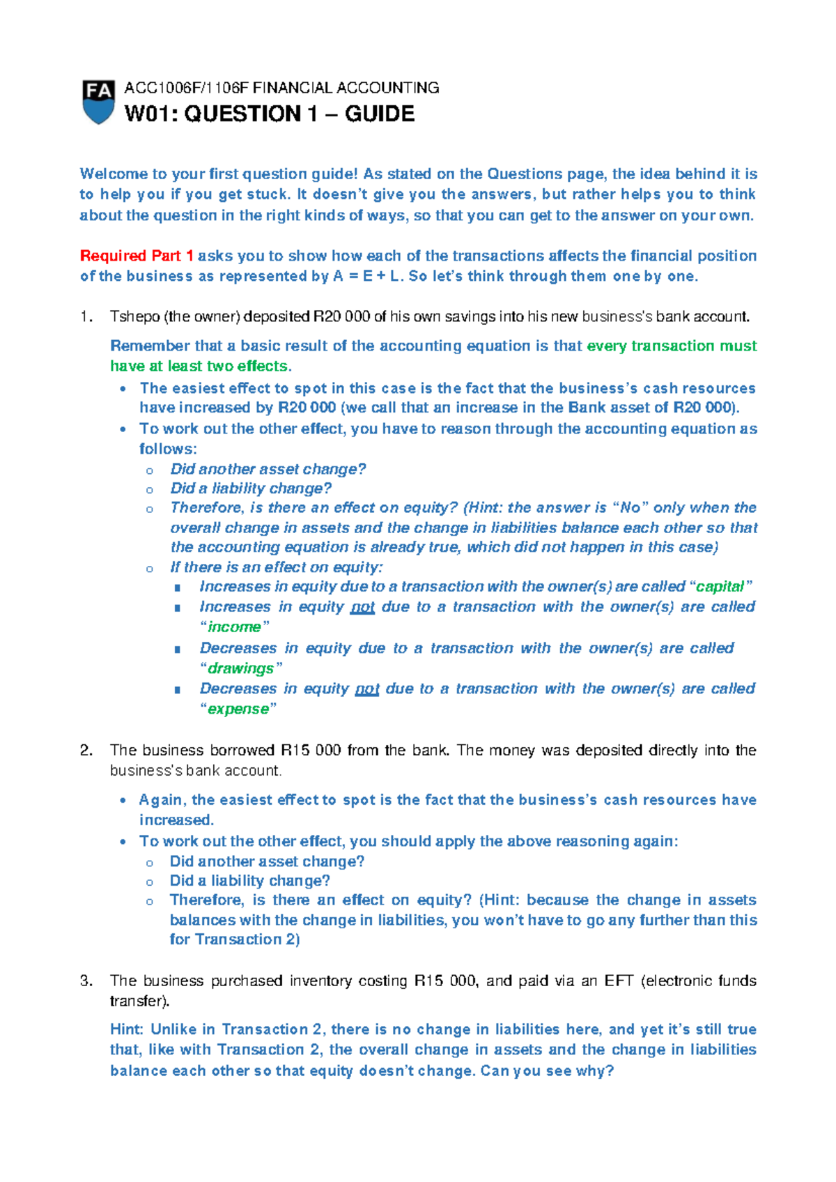 Question 1 study guide 2023 - ACC1006F/1106F FINANCIAL ACCOUNTING W01 ...