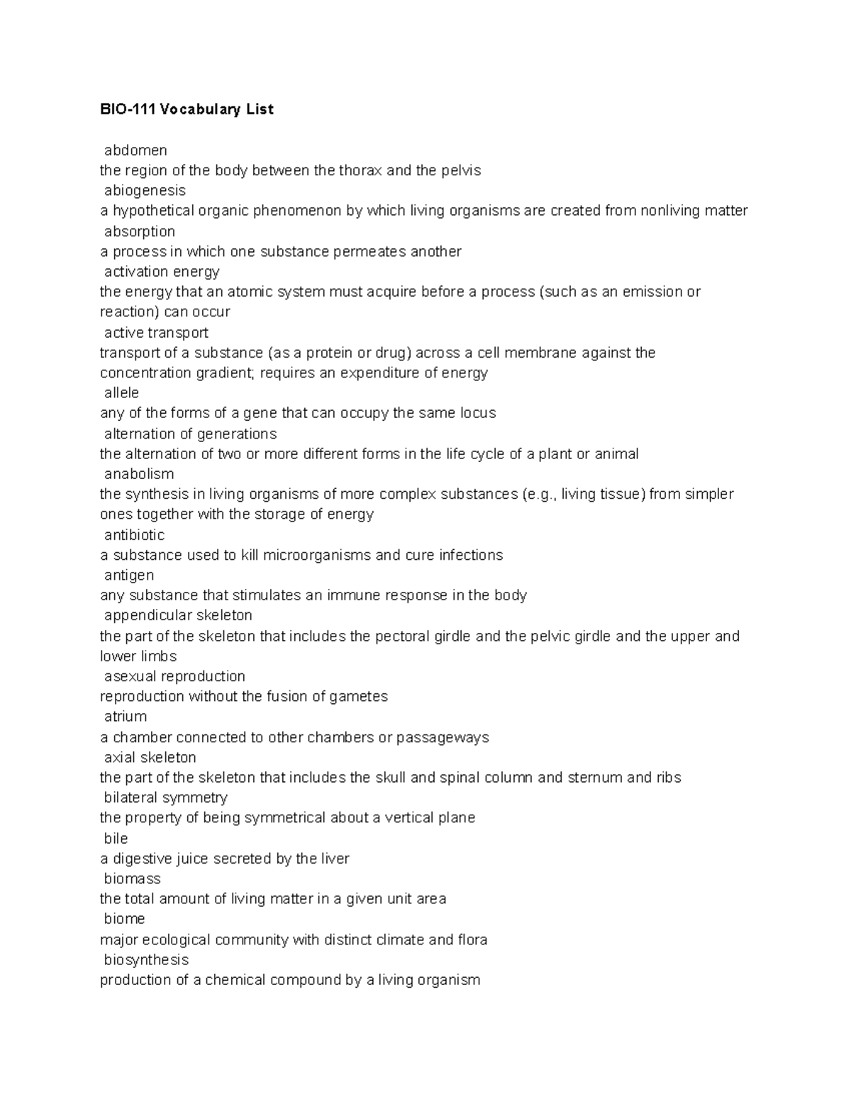 BIO-111 General Biology I Vocabulary List - BIO-111 Vocabulary List ...