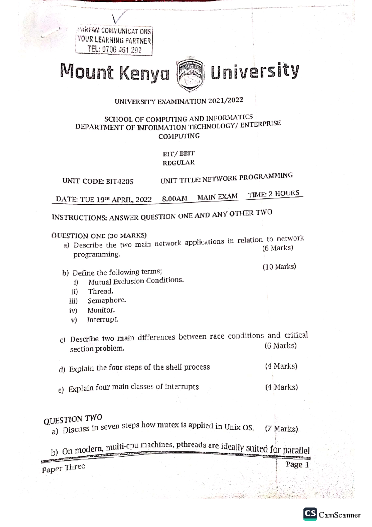 BIT4205 Network Programming PAST Papers - Information Technology - Studocu