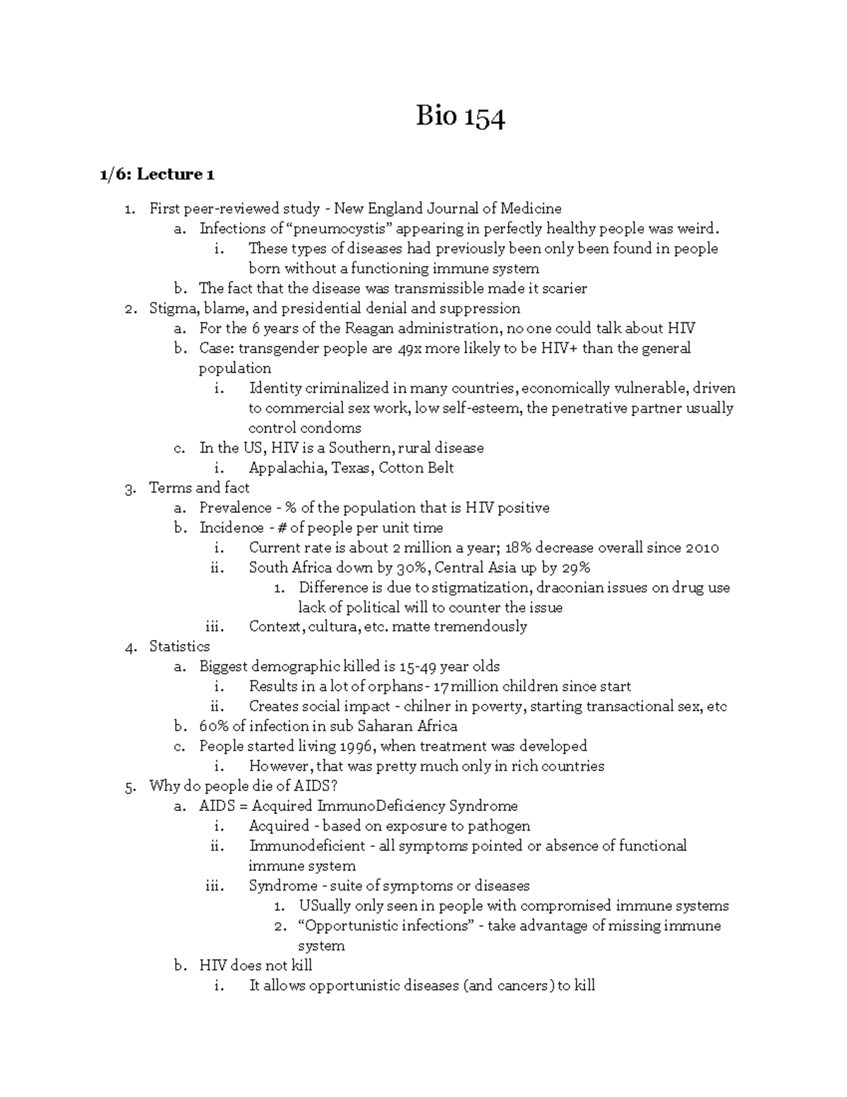 Bio154 Notes - Midterm 1 - Bio 154 1/6: Lecture 1 First peer-reviewed ...