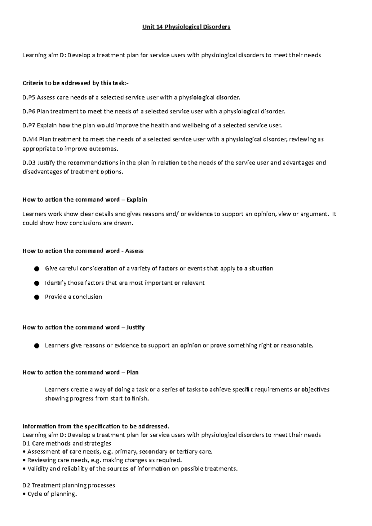 Unit 14 Physiological Disorders - Student help sheet LAD - Unit 14 ...