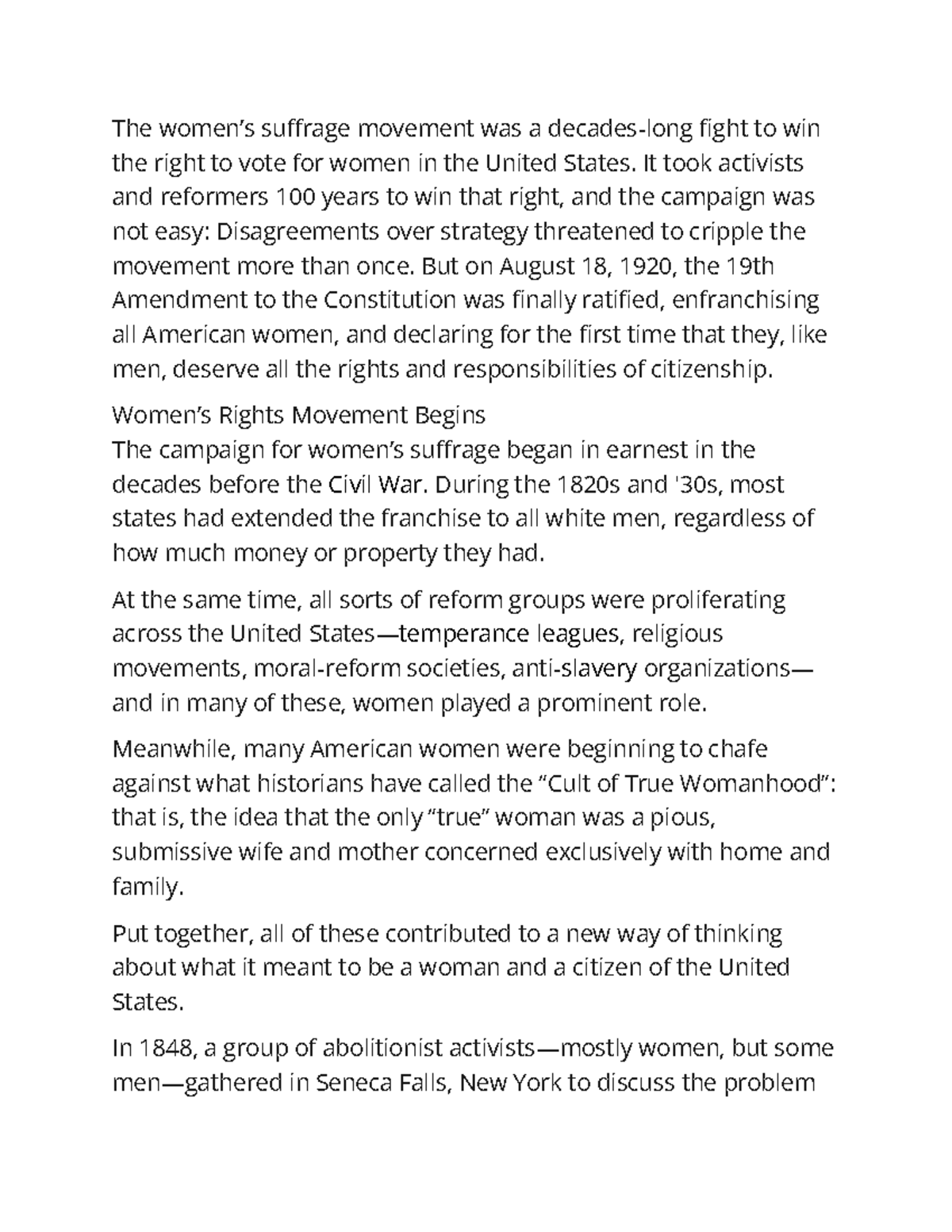 Womens Sufferage Notes - The women’s suffrage movement was a decades ...