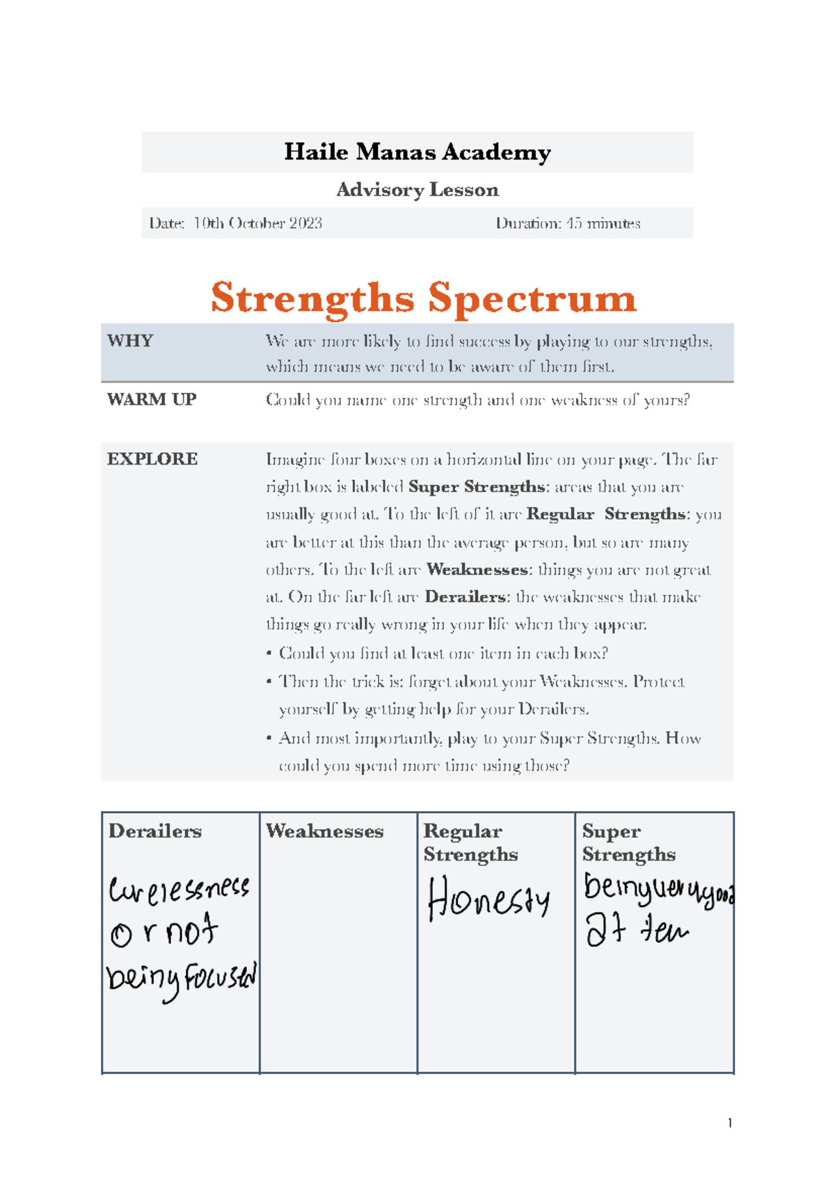 Advisory lesson-1 - Strengths Spectrum Haile Manas Academy Advisory ...