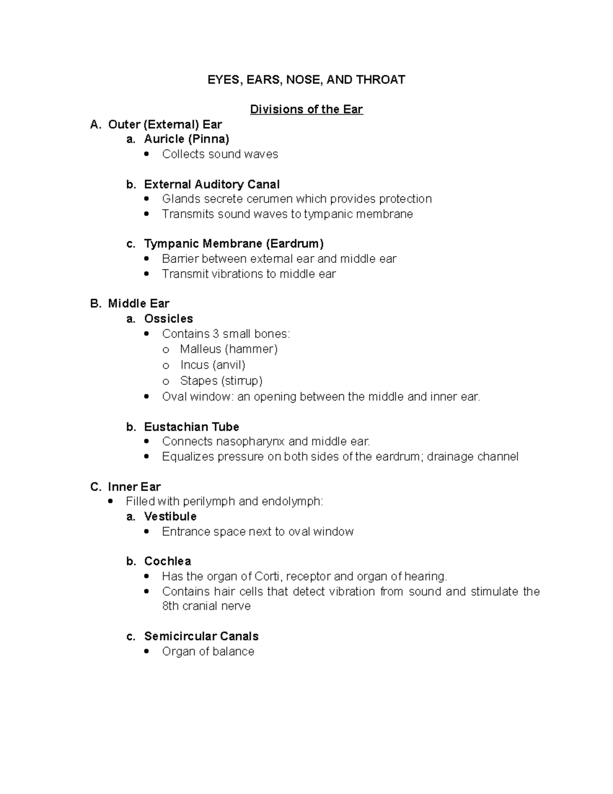 Divisions of the Ear: EENT - EYES, EARS, NOSE, AND THROAT Divisions of ...