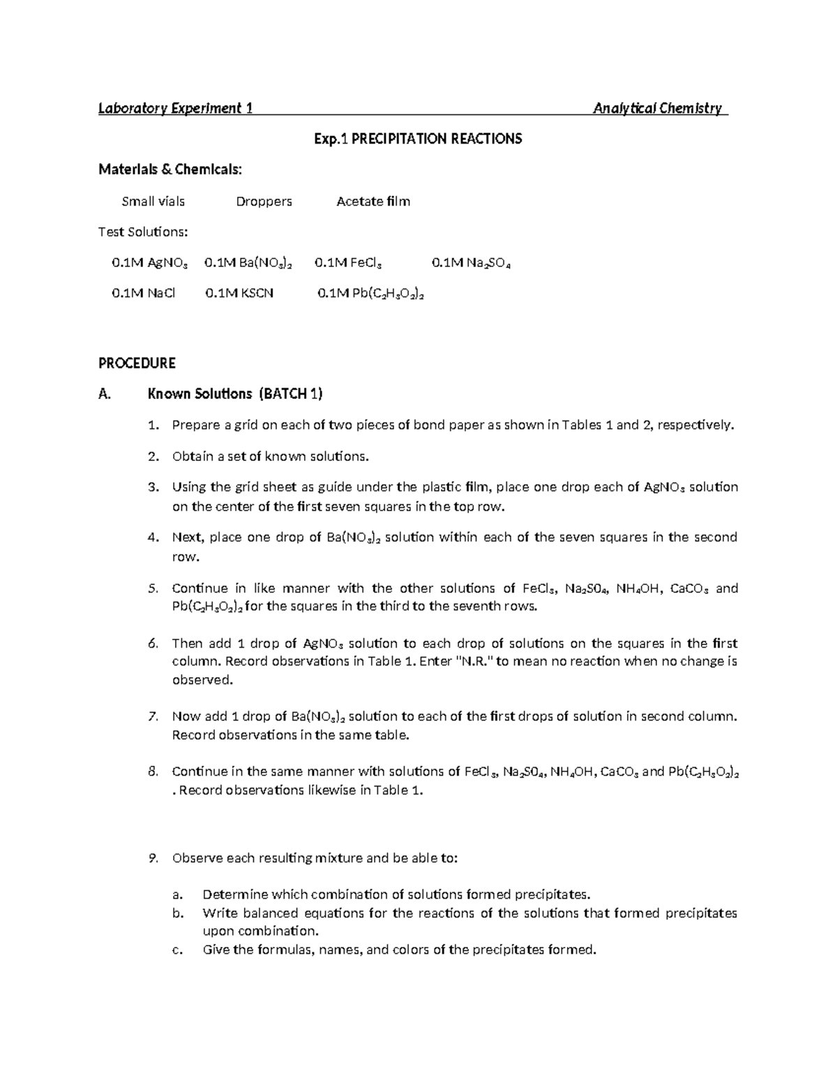 Lab Exp1 Precipitation Rxns AC lab-1 - Laboratory Experiment 1 ...