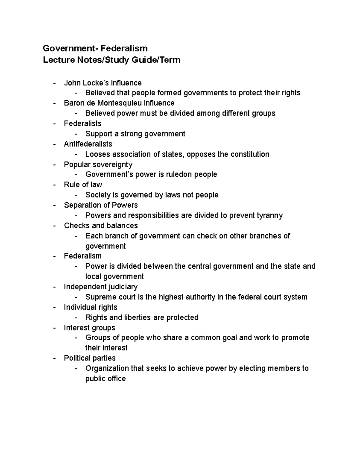 Government- Federalism Lecture Notes Study Guide Term - Government ...