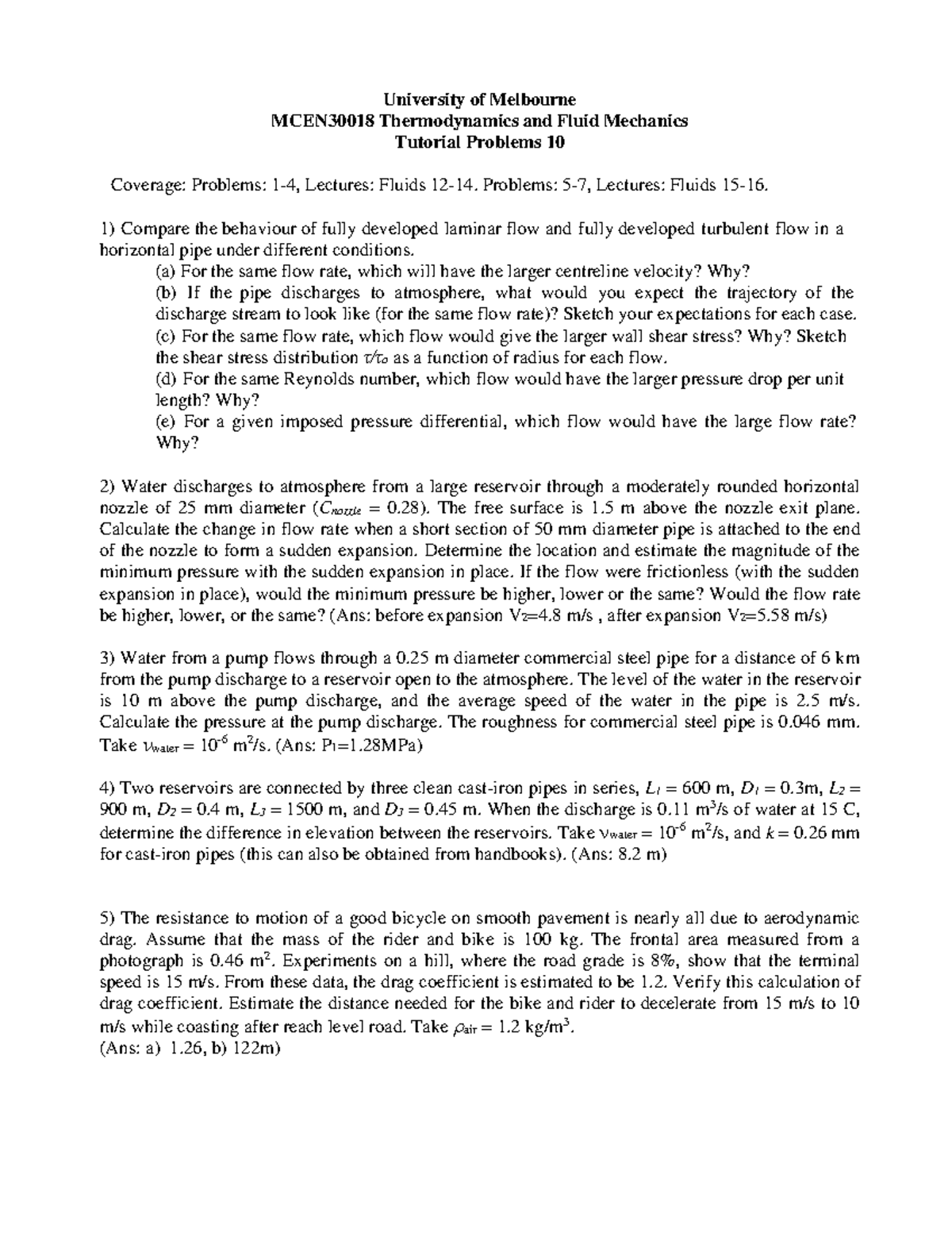 Tutorial 10 - University of Melbourne MCEN30018 Thermodynamics and ...